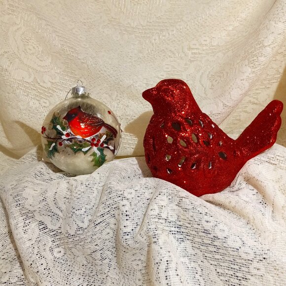 Holiday | Tea Light Holder And Ornament Red Glitter Cardinal Tea Lit ...